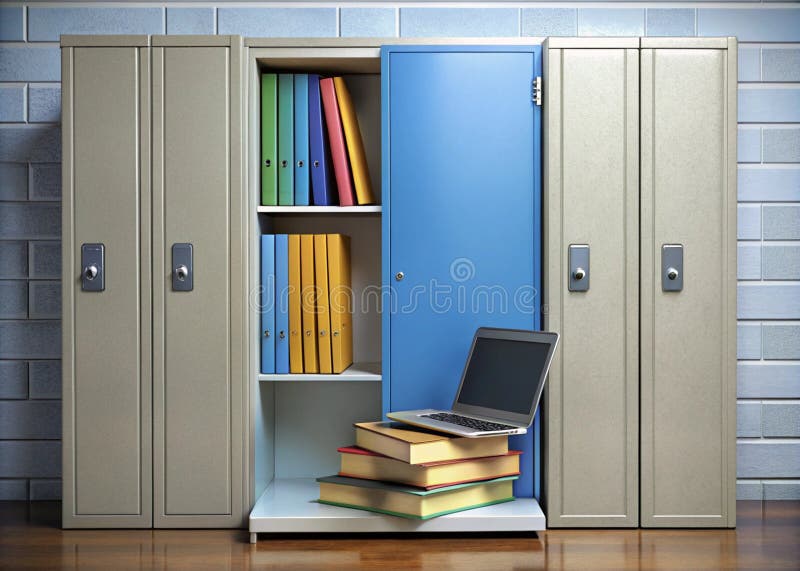 A School Locker with a Stack of Books and a Laptop Inside Stock ...