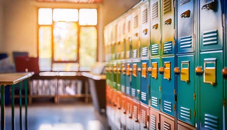 School Lockers Filled with Textbooks in a Classroom Setting Stock ...