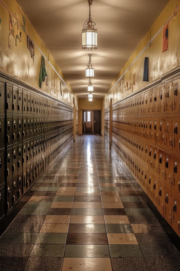 School Hallway with Lockers and Open Doors Stock Image - Image of ...
