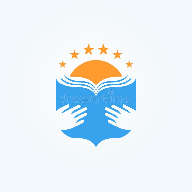 School Logo. Open Book in Palms and Sun. Knowledge and Education Symbol ...