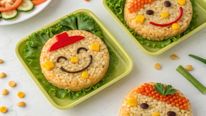 School Lunch Boxes with Funny Rice Cakes Decorated with Smiling Faces ...