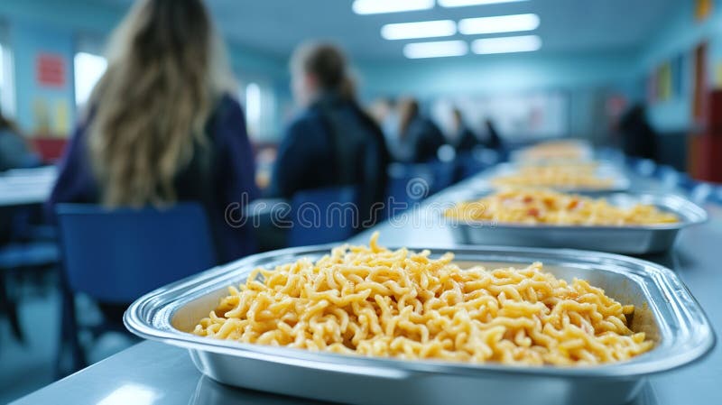 School Lunch Trays with Pasta and Students in Background Stock ...