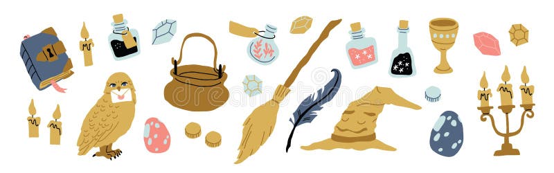 School of Magic Objects Isolated - Owl, Potion Stock Vector ...