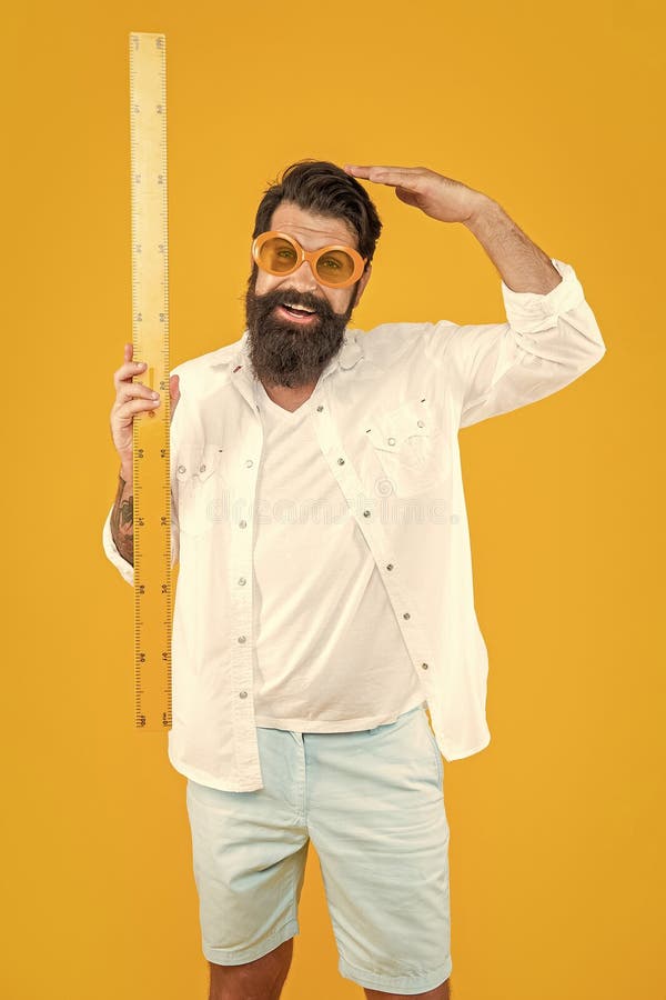 School Man Measure Height with Ruler Isolated on Yellow. School Man ...
