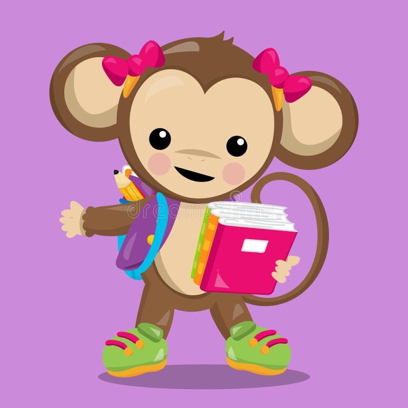 School Monkey Girl with Book and Bag 04 Stock Vector - Illustration of ...