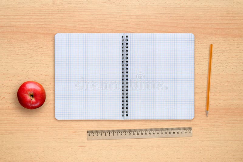 School Notebook, Apple, Pencil and Ruler on Desk Stock Image - Image of ...