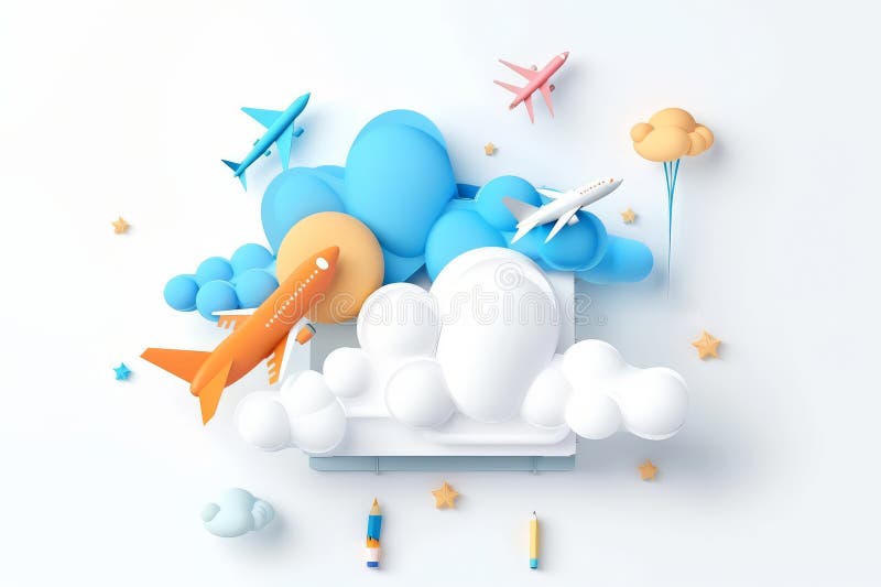 School Notebook Background with 3D Flying Paper Cloud and Airplanes ...