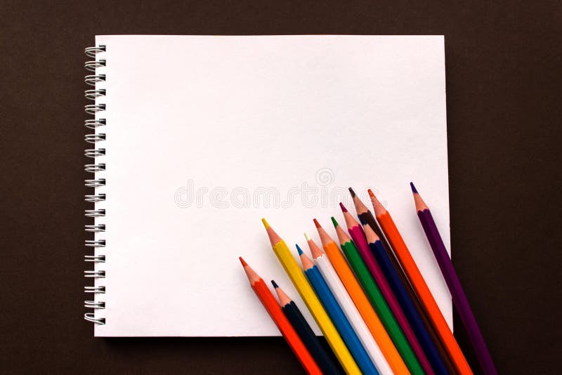 School Notebook and Colour Pencils on Brown Background, Back To School ...