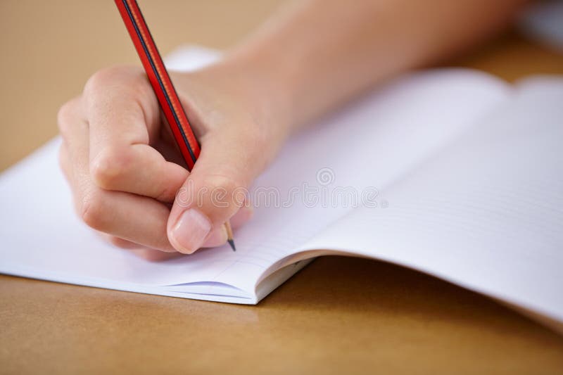 School, Notebook and Hand of Child Writing on Desk with Pencil, Notes ...