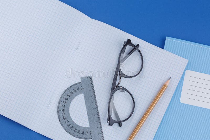 School Notebook with Pen and Glasses Stock Image - Image of page, blank ...