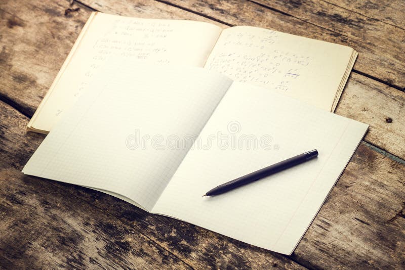 School Notebook with Pen on Old Wooden Table Stock Photo - Image of ...