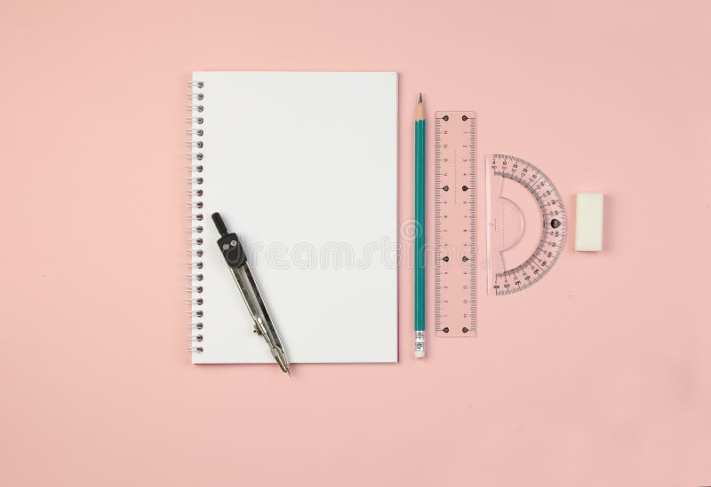 School Notebook, Pencil, Ruler, Soda, Compass, Pink Background. Stock ...