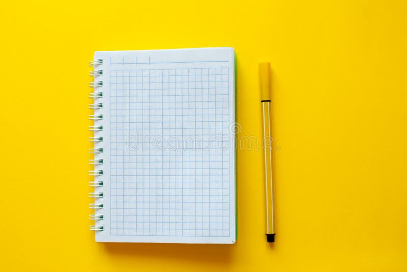 School Notebook with Pencil on Yellow Background. Blank Notebook Page ...
