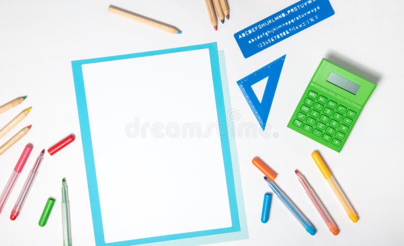 School Objects in Desk Table Stock Photo - Image of drawing, brand ...