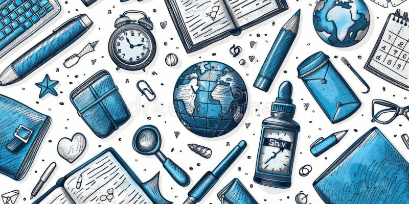 School Objects Silhouettes Forming Seamless Pattern Monochrome Blue ...