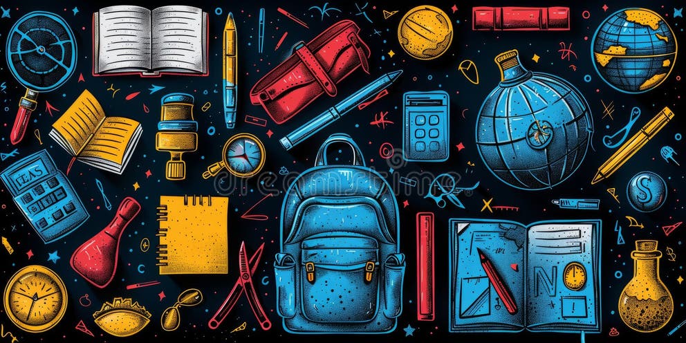 School Objects Silhouettes Forming Seamless Pattern Monochrome Blue ...