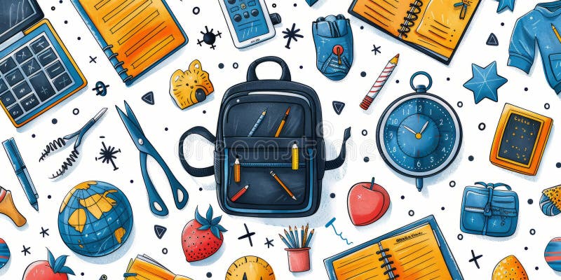 School Objects Silhouettes Forming Seamless Pattern Monochrome Blue ...