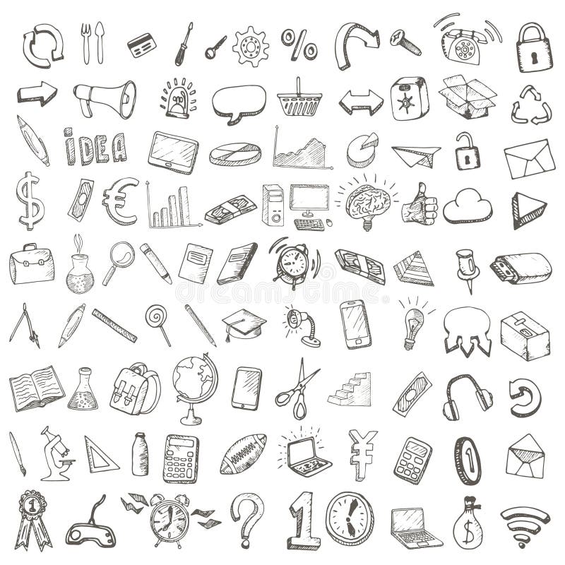 School and Office Hand Drawn Set of Icons. Stock Vector - Illustration ...