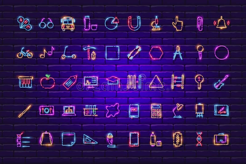 Office Neon Signs Set. Glowing Stationery Icons Stock Vector ...