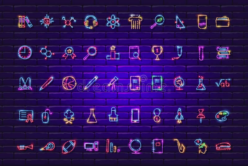 Office Neon Signs Set. Glowing Stationery Icons Stock Vector ...
