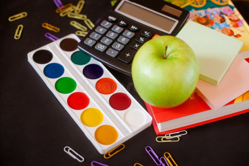 School and Office Supplies on Blackboard Background. Stock Photo ...