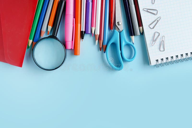 School and Office Supplies on Blue Background, Back To School Stock ...