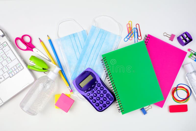 School or Office Supplies and Coronavirus Prevention Items, Flat Lay ...