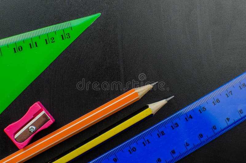 School Office Supplies Including Board. Copy Space for Text Stock Photo ...