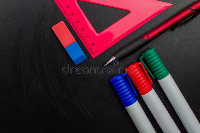School Office Supplies Including Board. Copy Space for Text Stock Photo ...