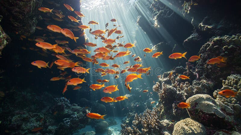 A School of Orange Fish Swim through a Dark Underwater Cave ...