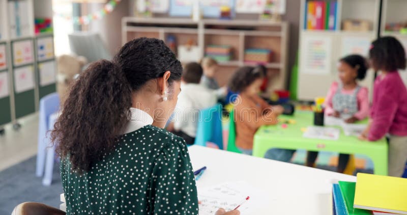 School, Papers and Teacher with Children in Classroom for Lesson ...