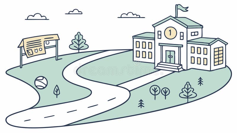 School with Pathway and Trees, Calm Academic Setting, Vector Design ...