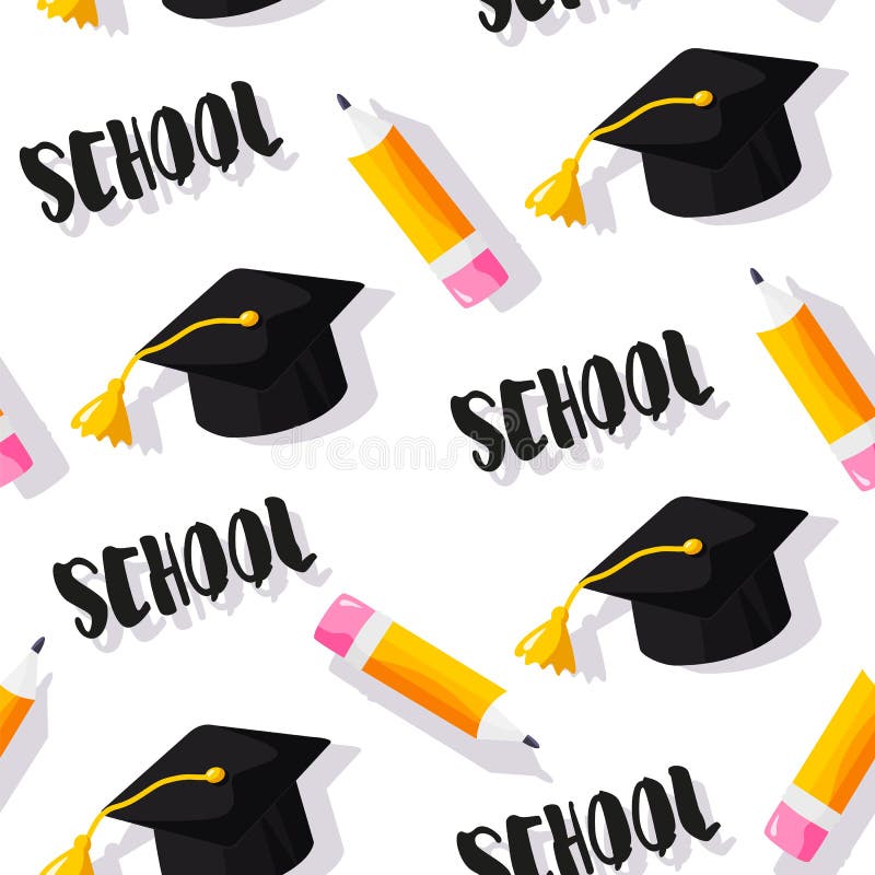 School Pattern with Square Academic Cap, Text and Pencils on White ...