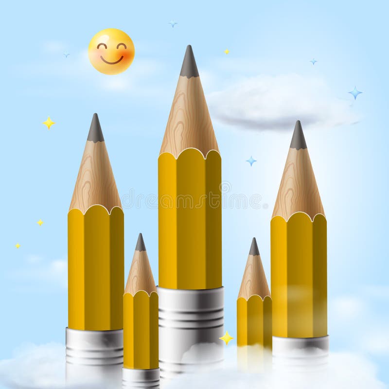 School Pencils in the Clouds Sky with the Emoji Sun Shining on Them ...