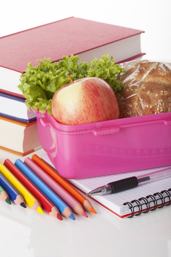 School pink lunch box stock photo. Image of dish, delicious - 36321206