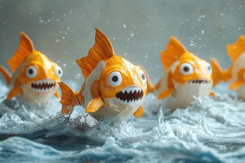 School of Piranha Fish Jumping Out of Water with Teeth Stock ...