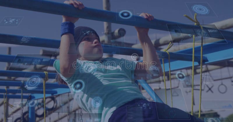 In School Playground, Child Doing Pull-ups with Animation Overlay on ...