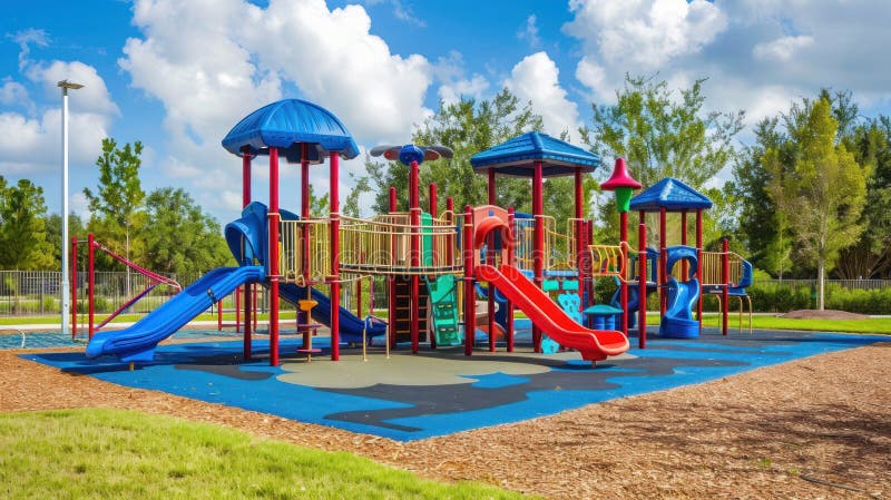 A School Playground with Clean and Brightly Colored Play Structures ...
