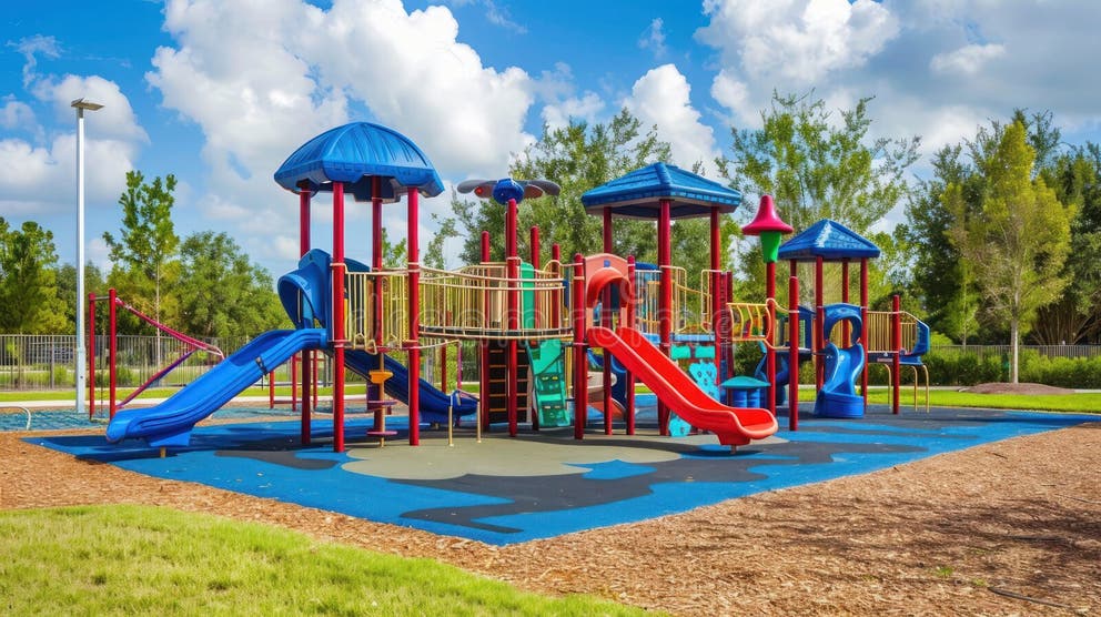 A School Playground with Clean and Brightly Colored Play Structures ...