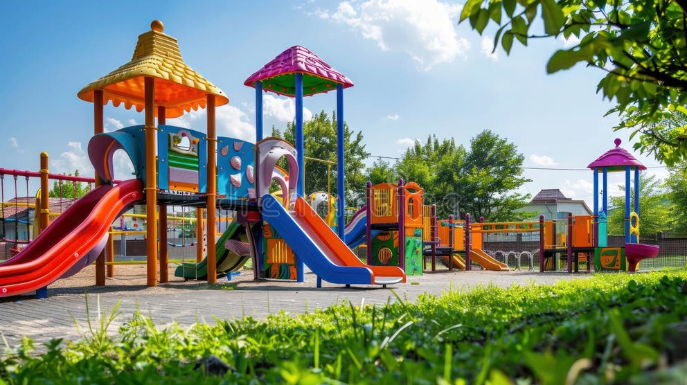 A School Playground with Clean and Brightly Colored Play Structures ...
