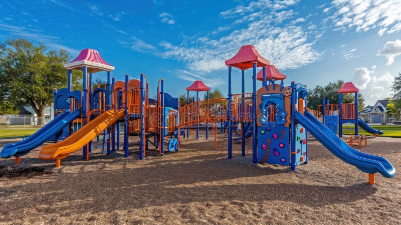 A School Playground with Clean and Brightly Colored Play Structures ...