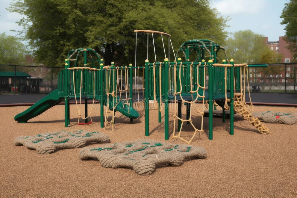 School Playground with Climbing Ropes, Monkey Bars, and Benches Stock ...