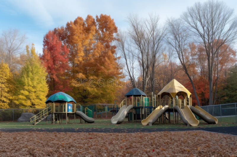 School Playground with Climbing Structures and Slides, Surrounded by ...