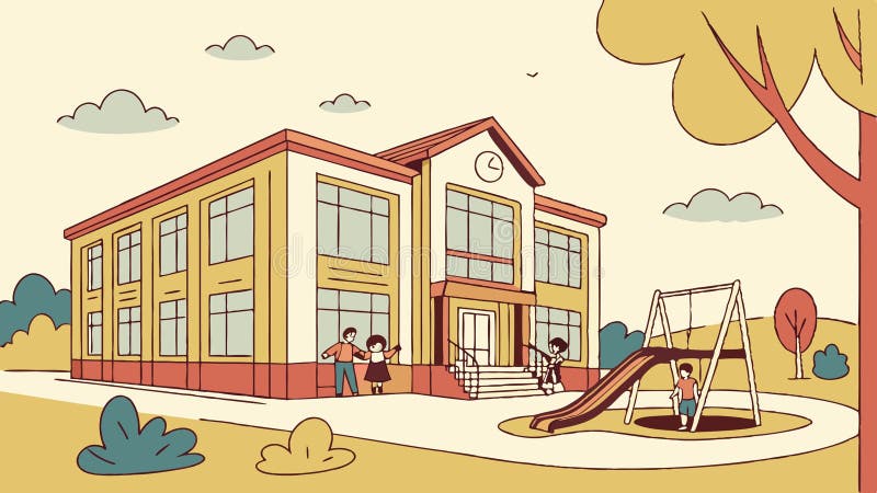 School with Playground, Lively Learning Environment, Vector Design ...