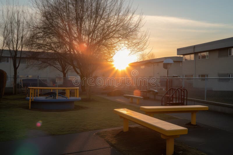 School Playground with View of the Sun Setting Behind the School ...