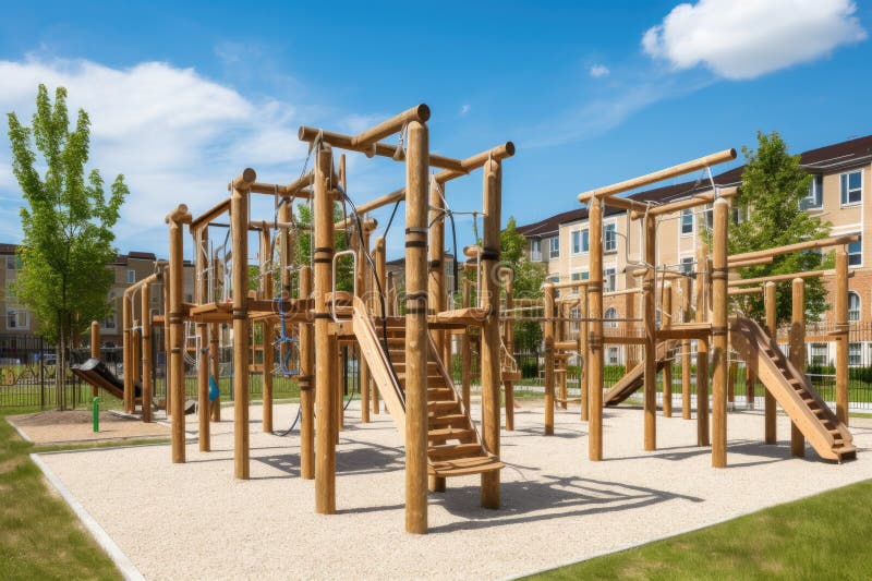 School Playground with Wooden Climbing Structures and Monkey Bars Stock ...