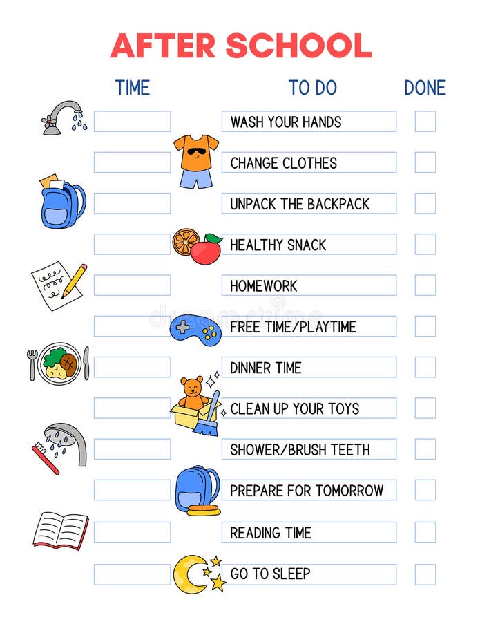 After School Printable Checklist Template. Routine Chart for Kids after ...