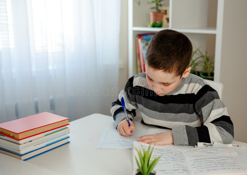 School Pupil Writing Notebook Doing Home Work, Distance Education Stock ...