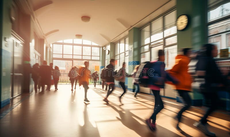 School Pupils Rushing through the Corridors of a Modern School, Motion ...