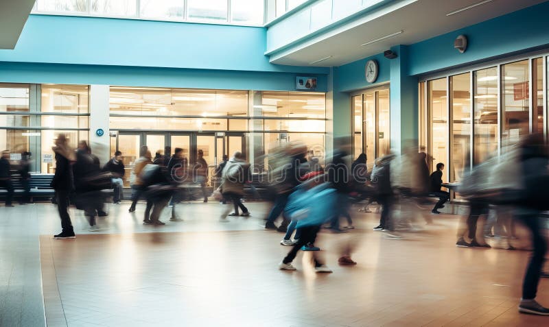 School Pupils Rushing through the Corridors of a Modern School, Motion ...